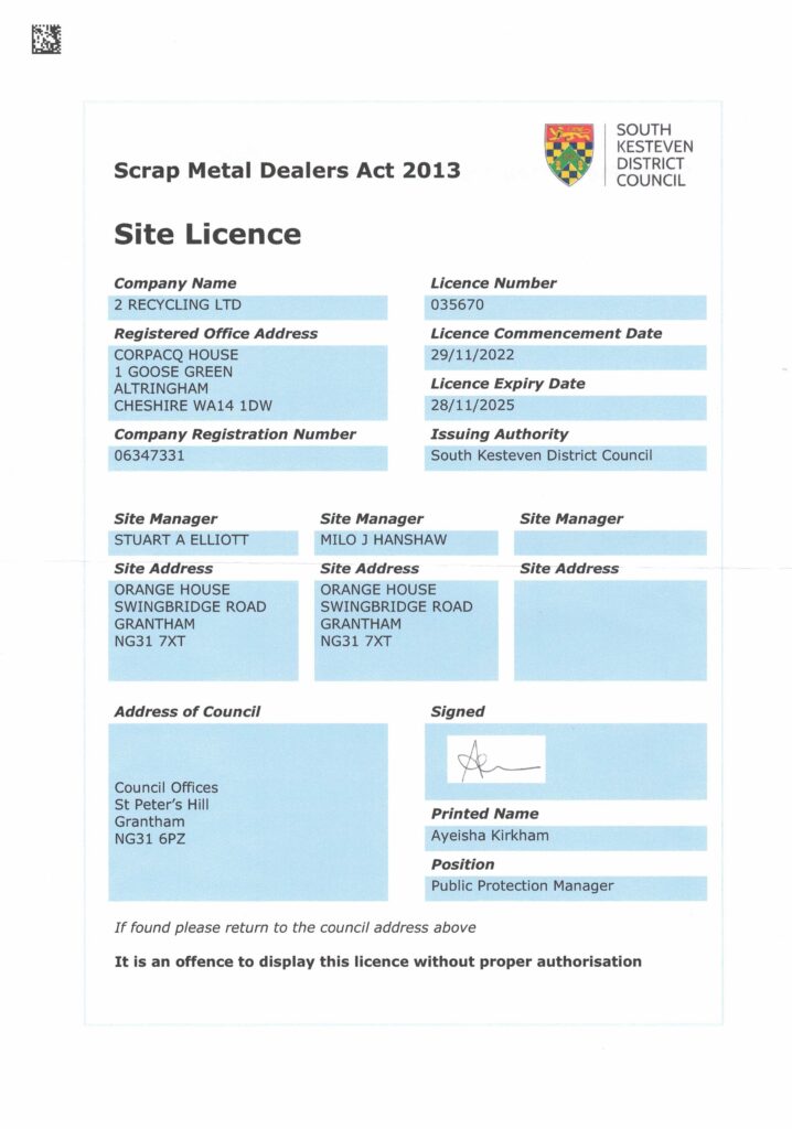Site Licences | 2 Recycling Ltd
