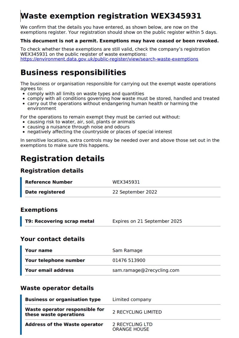 Site Licences | 2 Recycling Ltd