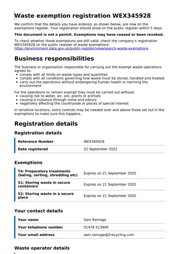 Site Licences | 2 Recycling Ltd